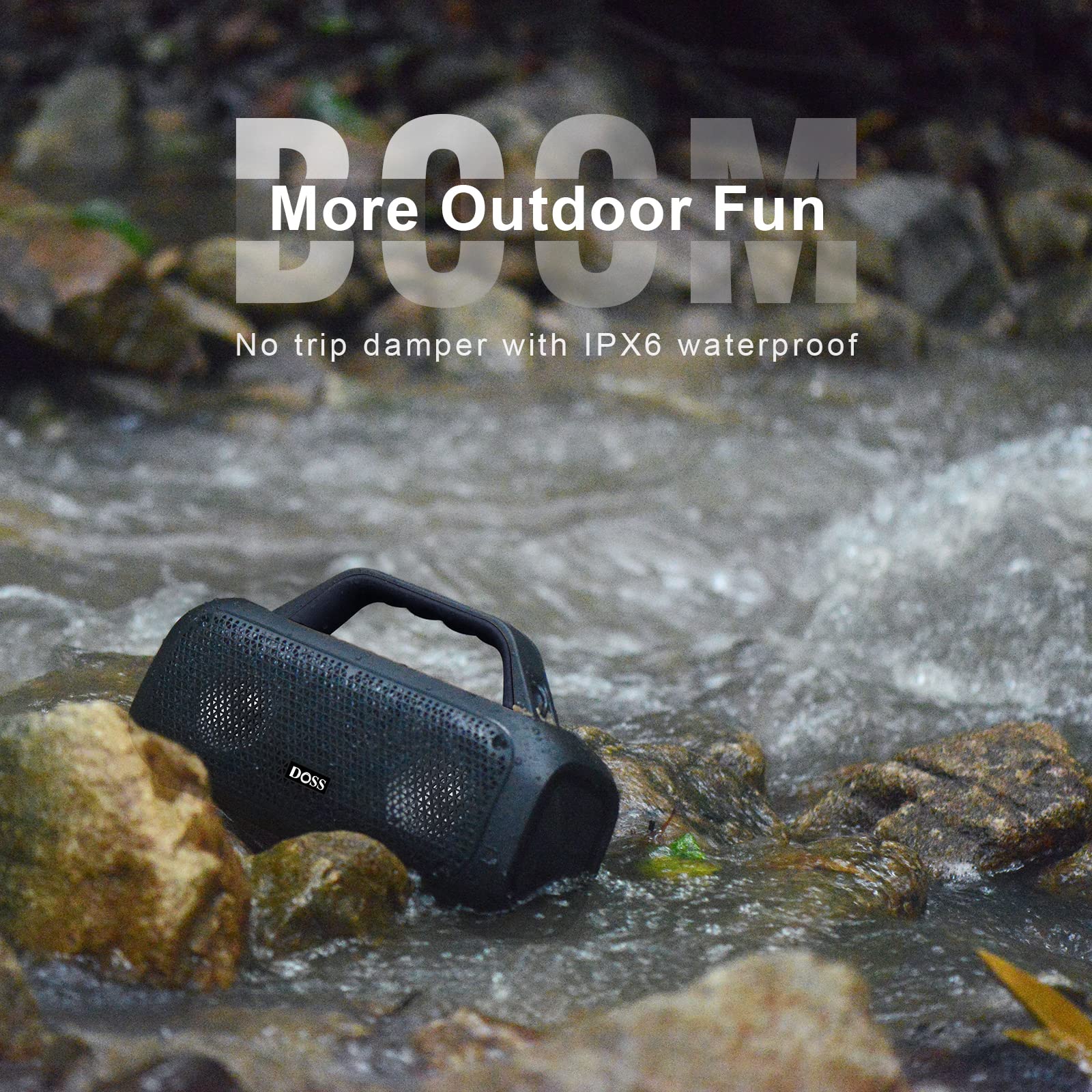 DOSS Extreme Boom Bluetooth Outdoor Speaker with 60W Mighty Sound, Deep Bass, 30H Playtime,10400mAh Power Bank, IPX6 Waterproof Speaker with Portable Strap for Camping, Beach, Garage-Black