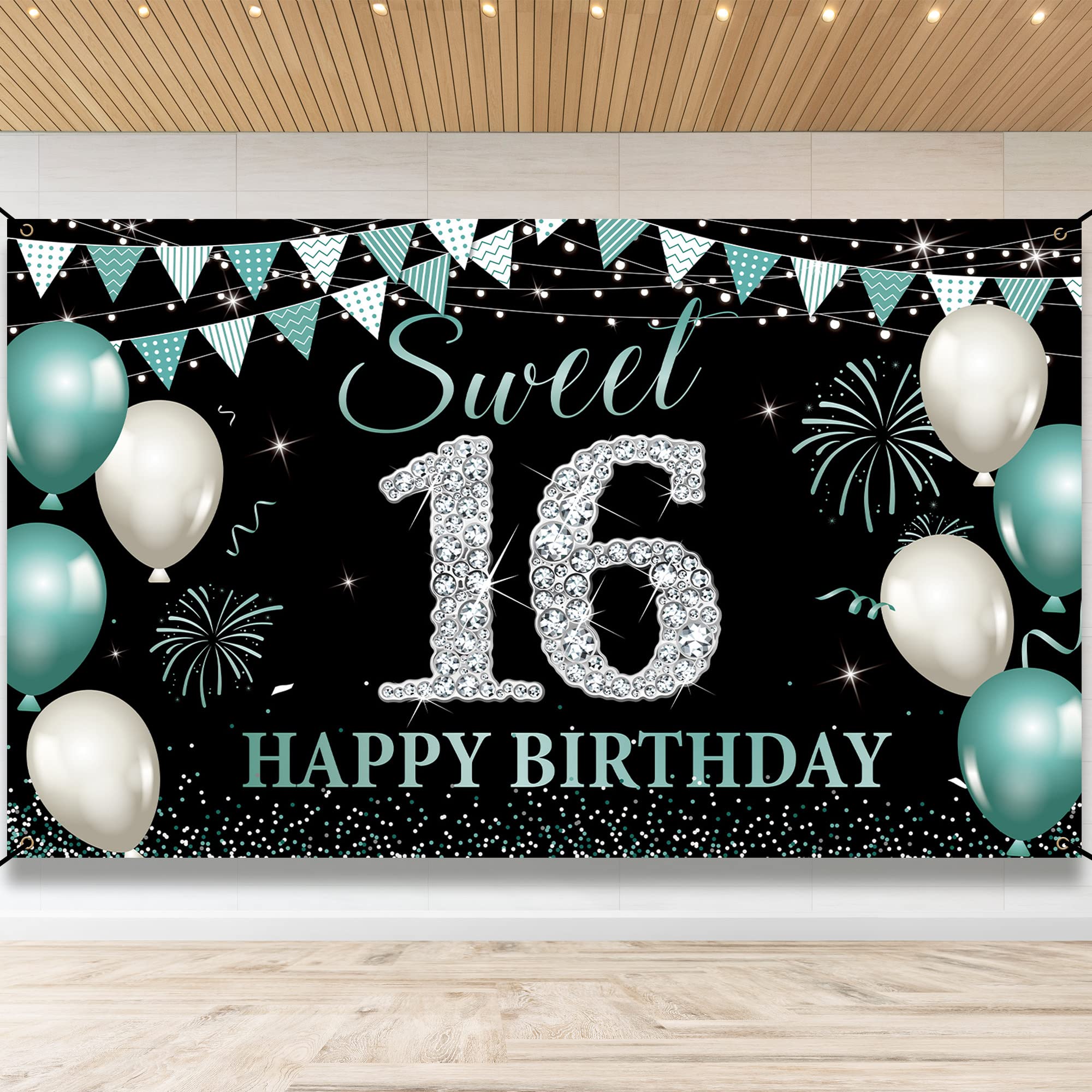 16th Birthday Decorations, Sweet 16 Birthday Backdrop Banner for Girls Boys, Teal Silver Sweet Sixteen Party Background, Turquoise 16 birthday Sign Poster for Outdoor Indoor, Fabric 6.1ft x 3ft PHXEY