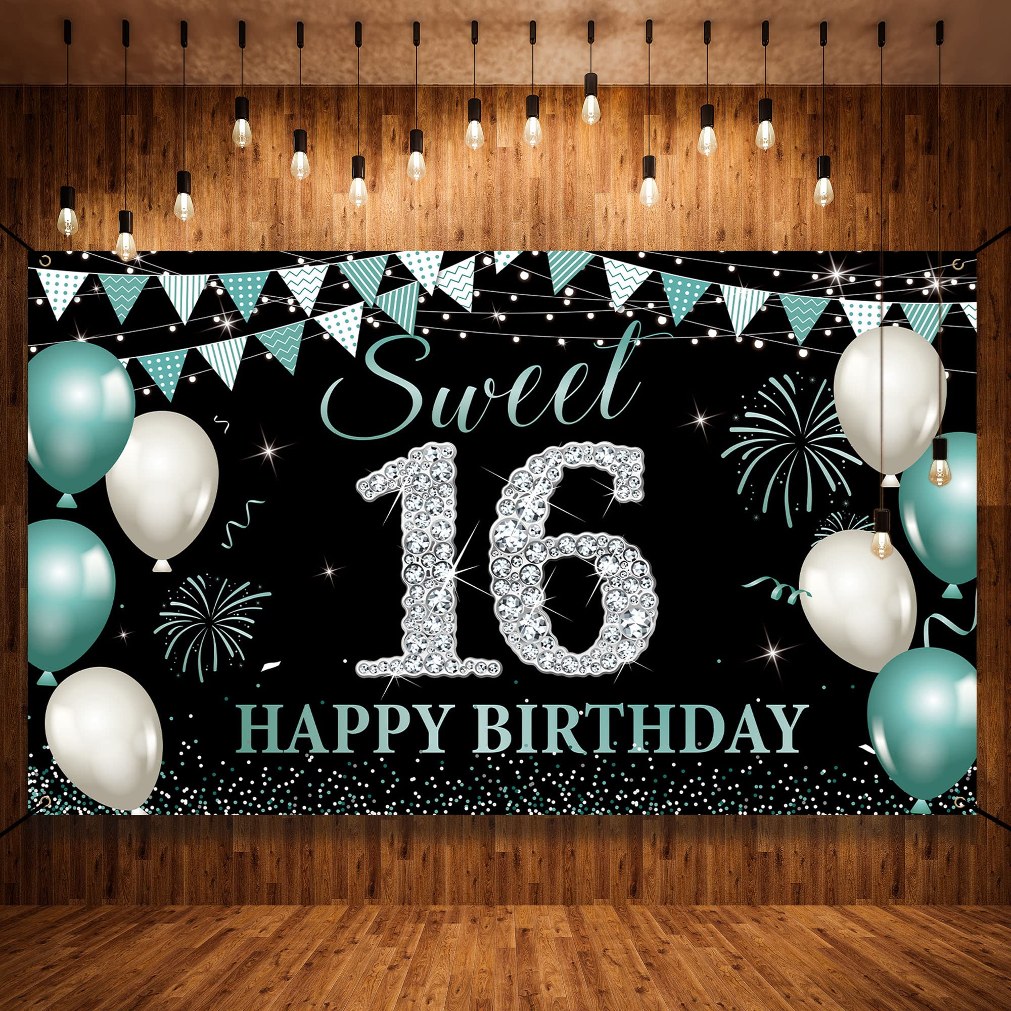 16th Birthday Decorations, Sweet 16 Birthday Backdrop Banner for Girls Boys, Teal Silver Sweet Sixteen Party Background, Turquoise 16 birthday Sign Poster for Outdoor Indoor, Fabric 6.1ft x 3ft PHXEY