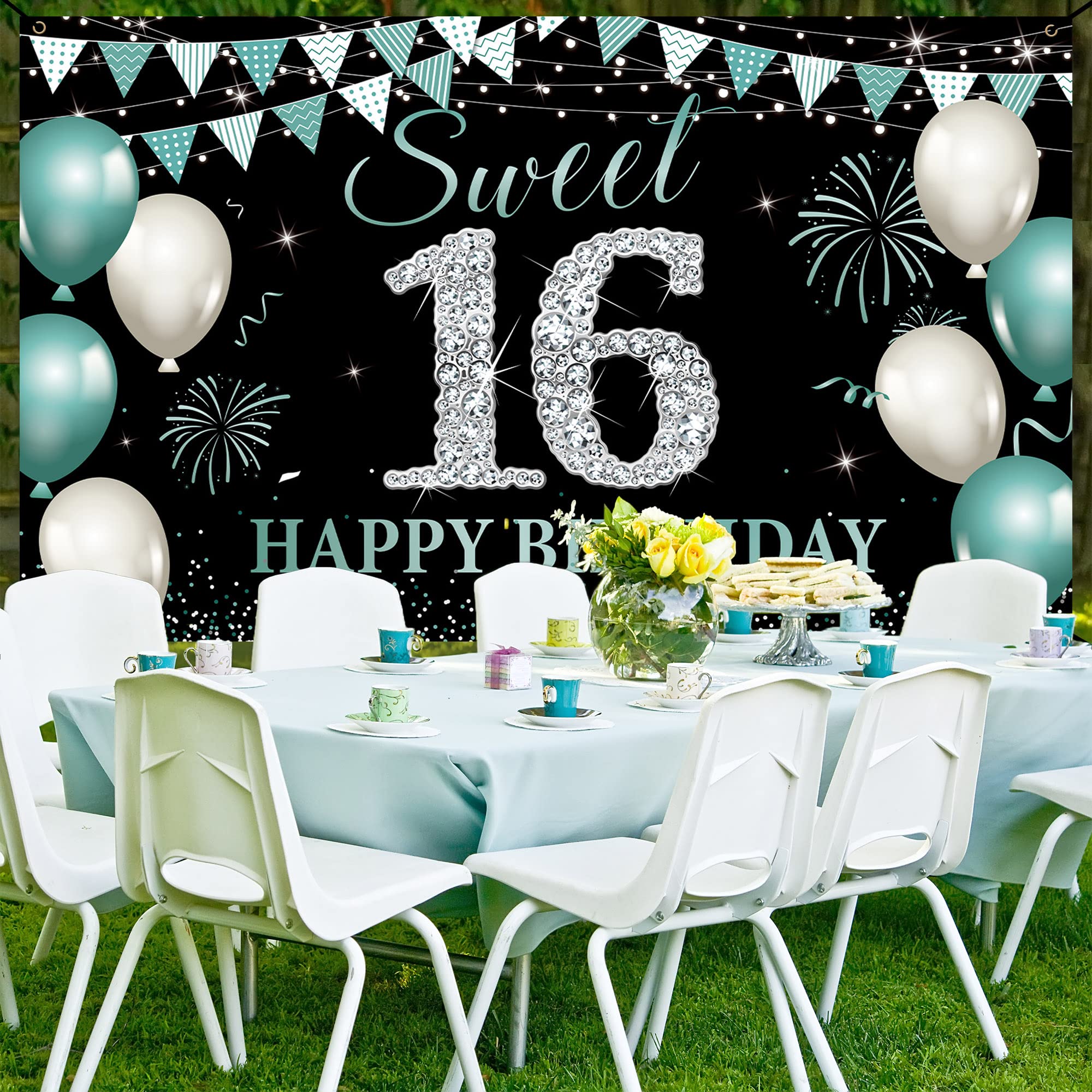 16th Birthday Decorations, Sweet 16 Birthday Backdrop Banner for Girls Boys, Teal Silver Sweet Sixteen Party Background, Turquoise 16 birthday Sign Poster for Outdoor Indoor, Fabric 6.1ft x 3ft PHXEY