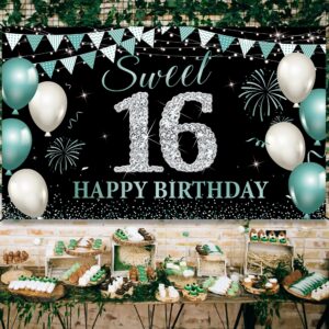 16th Birthday Decorations, Sweet 16 Birthday Backdrop Banner for Girls Boys, Teal Silver Sweet Sixteen Party Background, Turquoise 16 birthday Sign Poster for Outdoor Indoor, Fabric 6.1ft x 3ft PHXEY