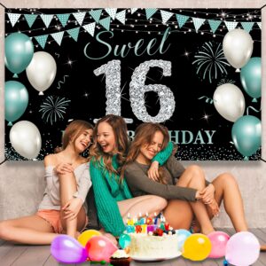 16th Birthday Decorations, Sweet 16 Birthday Backdrop Banner for Girls Boys, Teal Silver Sweet Sixteen Party Background, Turquoise 16 birthday Sign Poster for Outdoor Indoor, Fabric 6.1ft x 3ft PHXEY