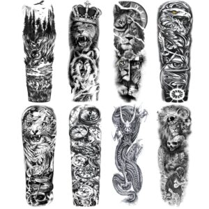 lion wolf fake tattoos sleeve stickers, full arm dragon animal tribal temporary tattoo sleeves for men women adults, long lasting large black eagle leopard temp tattoo leg body art makeup, 8-sheet