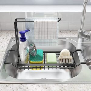 telescopic sink storage rack, expandable sponge holder for kitchen sink, sink caddy organizer with dishcloth towel holder,over sink telescopic sink rack sponge brush soap holder for home kitchen