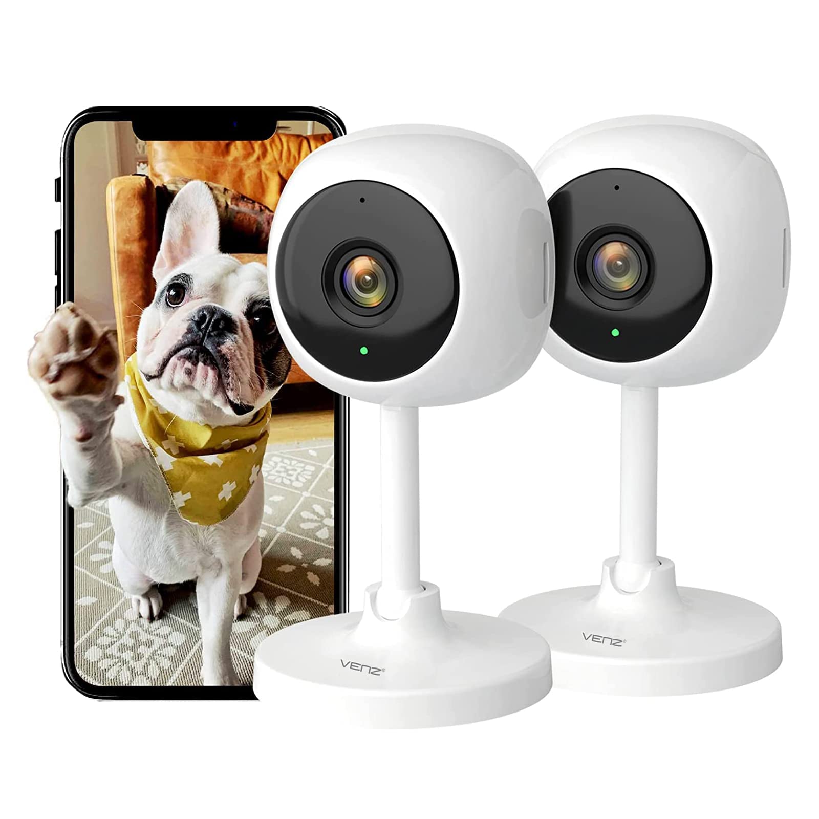 VENZ 2pcs Indoor Security Camera,1080P HD Plug-in WiFi Home Camera for Baby/Dog/Cat/Pet with Phone App,2 Way Audio,Motion Detection,Night Vision,Compatible with Alexa & Google