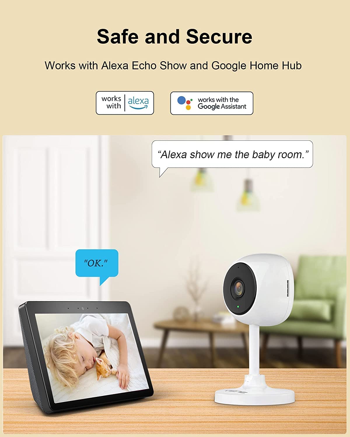 VENZ 2pcs Indoor Security Camera,1080P HD Plug-in WiFi Home Camera for Baby/Dog/Cat/Pet with Phone App,2 Way Audio,Motion Detection,Night Vision,Compatible with Alexa & Google