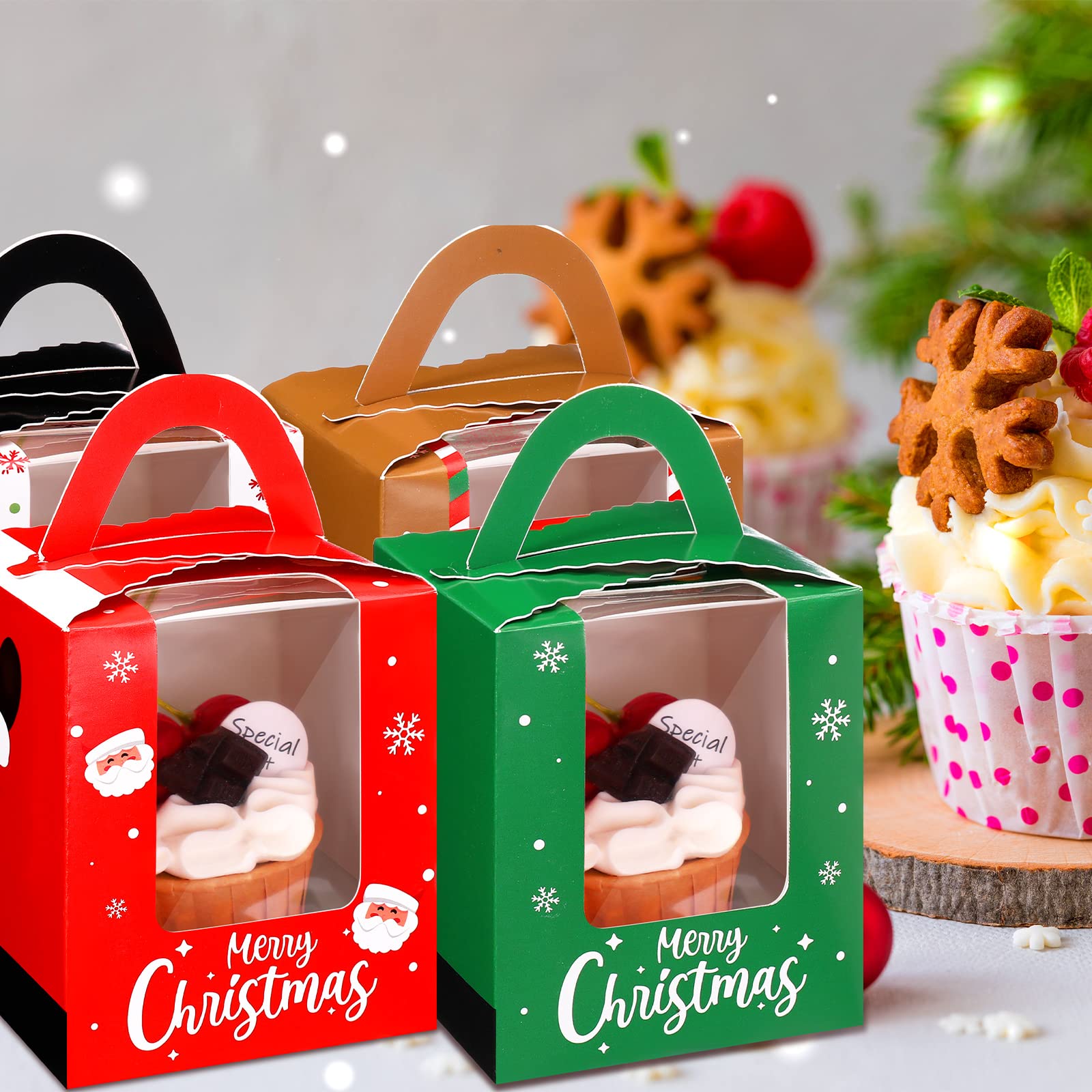 24 Pcs Christmas Cupcake Boxes Christmas Cookie Boxes with Window Insert Handle Christmas Muffin Pastry Holder Boxes Xmas Cupcake Gift Box Bakery Treat Boxes for Christmas Party (Snowman)