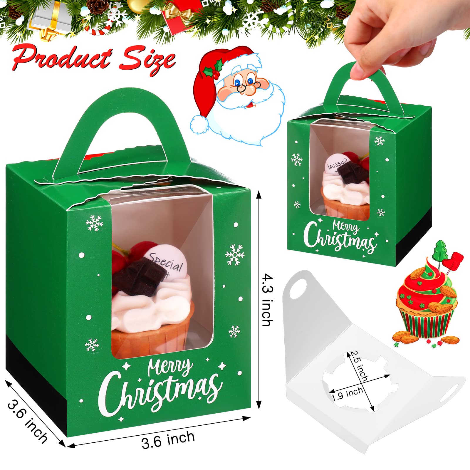 24 Pcs Christmas Cupcake Boxes Christmas Cookie Boxes with Window Insert Handle Christmas Muffin Pastry Holder Boxes Xmas Cupcake Gift Box Bakery Treat Boxes for Christmas Party (Snowman)