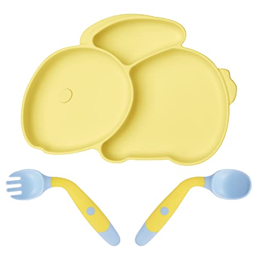 Vicloon Toddler Plates with Suction, Toddler Plates with Spoon & Fork, 100% Food-Grade Silicone Divided Design, Non-Slip, Microwave and Dishwasher Safe