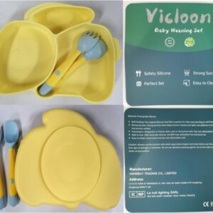 Vicloon Toddler Plates with Suction, Toddler Plates with Spoon & Fork, 100% Food-Grade Silicone Divided Design, Non-Slip, Microwave and Dishwasher Safe