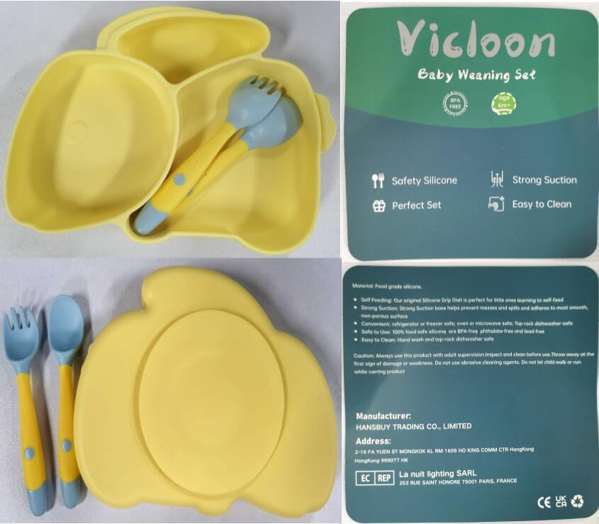 Vicloon Toddler Plates with Suction, Toddler Plates with Spoon & Fork, 100% Food-Grade Silicone Divided Design, Non-Slip, Microwave and Dishwasher Safe