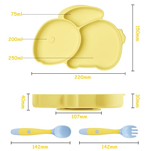 Vicloon Toddler Plates with Suction, Toddler Plates with Spoon & Fork, 100% Food-Grade Silicone Divided Design, Non-Slip, Microwave and Dishwasher Safe