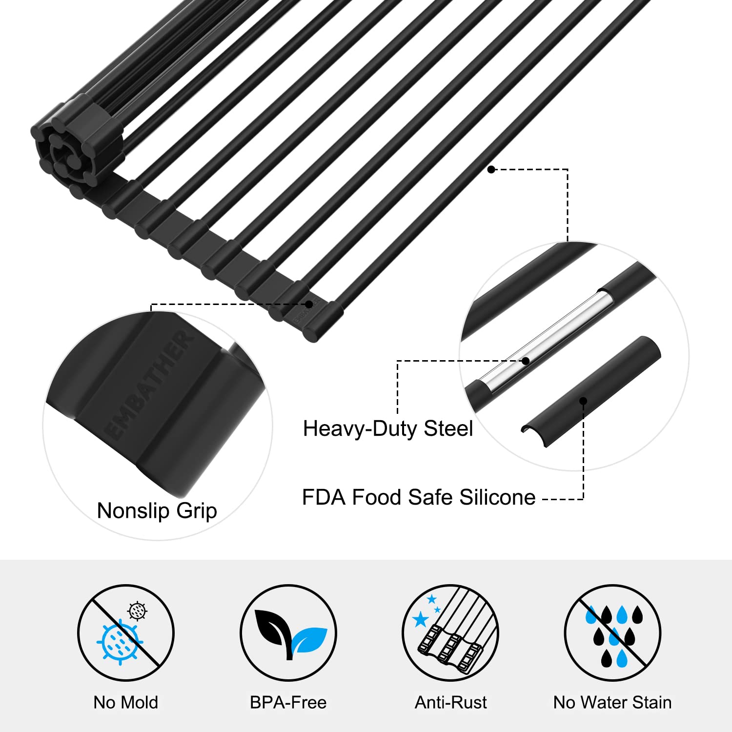 EMBATHER Roll Up Dish Drying Rack Over The Sink, Dish Drying Rack for Kitchen Counter, Multipurpose Stainless Steel Foldable Kitchen Drainer Rack with Silicone Mat, Anti-Slip,(Black, 17.8"x13.5")