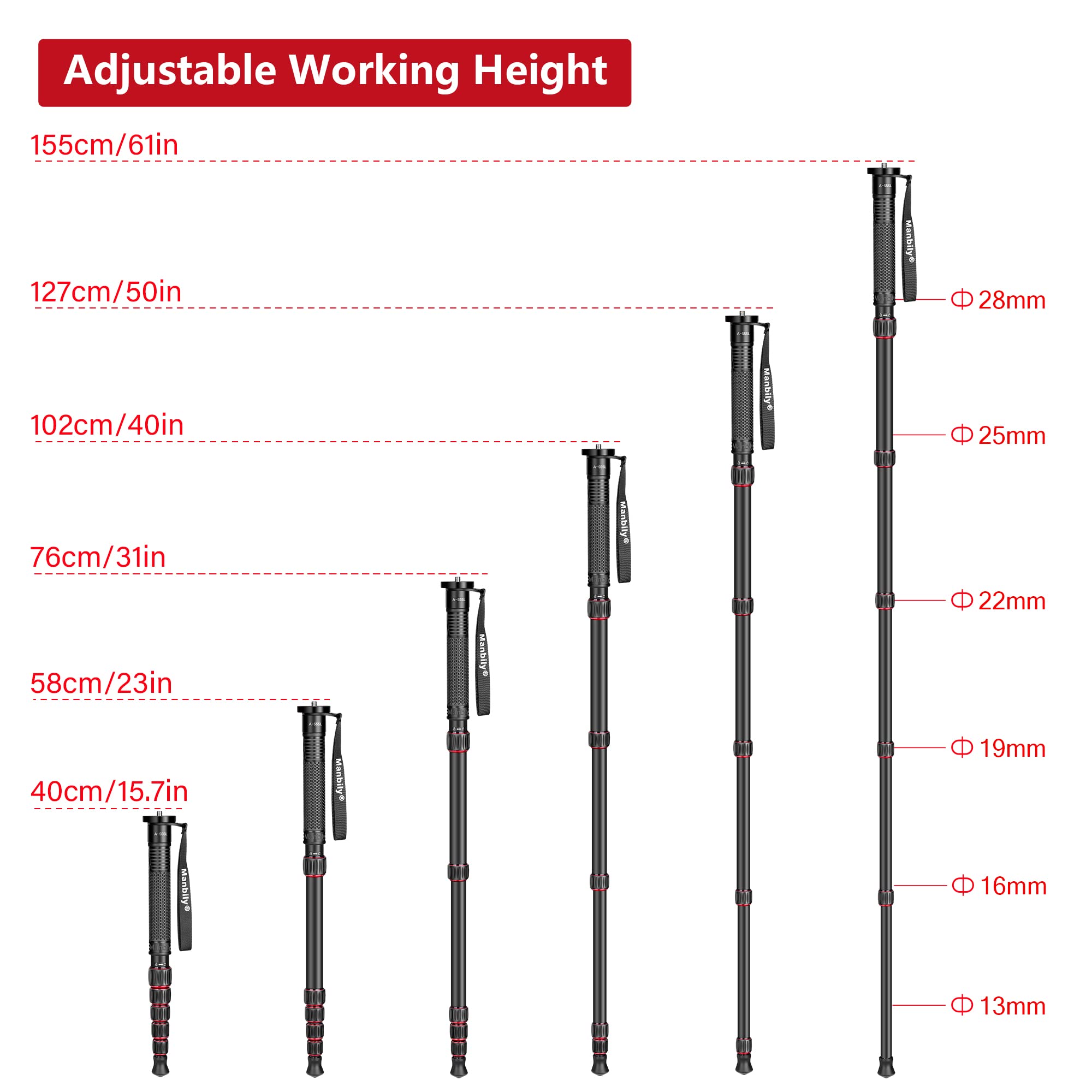 Manbily Camera Monopod Aluminum Portable Compact Lightweight Travel Monopod with Carrying Bag Walking Stick Handle,for DSLR Canon Nikon Sony Video Camcorder,6 Sections up to 61-in (A-555L)