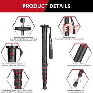 Manbily Camera Monopod Aluminum Portable Compact Lightweight Travel Monopod with Carrying Bag Walking Stick Handle,for DSLR Canon Nikon Sony Video Camcorder,6 Sections up to 61-in (A-555L)