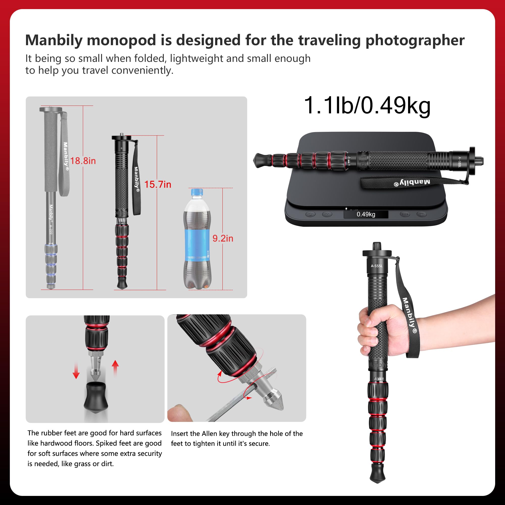 Manbily Camera Monopod Aluminum Portable Compact Lightweight Travel Monopod with Carrying Bag Walking Stick Handle,for DSLR Canon Nikon Sony Video Camcorder,6 Sections up to 61-in (A-555L)