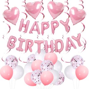 pink birthday decorations for women girls, happy birthday balloon banner decoration, pink party decorations for 1st 13th 16th 21st 30th 40th 50th 60th 70th birthday party supplies