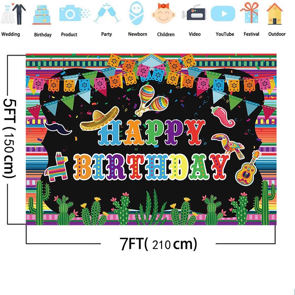 AIBIIN Mexican Birthday Backdrop Mexican Fiesta Party Background Mexico Cinco De Mayo Carnival Party Decorations Supplies Studio Photo Props 7x5ft