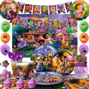 encanto birthday party supplies,114pcs magic house birthday party supplies set-encanto birthday banner backdrop tablecloth plates cups napkins balloons cake topper etc encanto themed party supplies