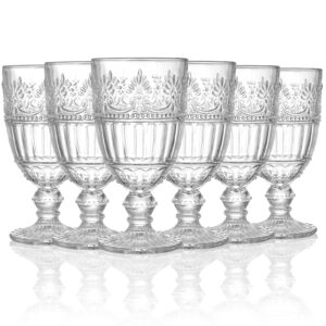 avla 6 pack glass goblet, 12 oz vintage wine glassware, romantic wedding glass set, drinking stemware beverage cups for party, bar, champagne, juice, beer, cocktail, embossed design