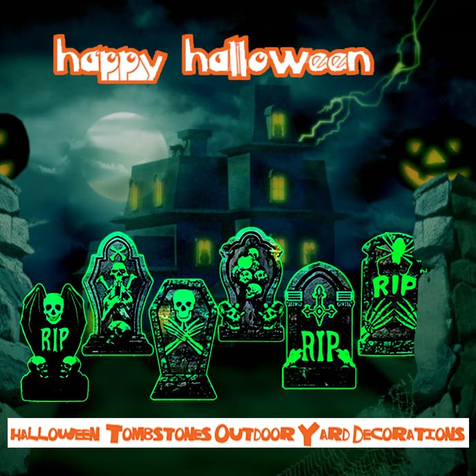 Fluorescent Halloween RIP Tombstones | 6 Tombstones Halloween Decor With 12 Fix Stakes, Scary Halloween Yard Outdoor Lawn Signs for Haunted House Garden Yard and Scary Theme Party