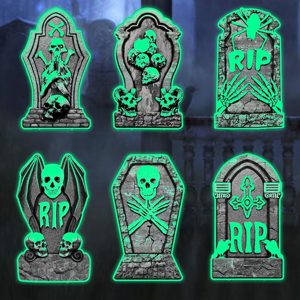 Fluorescent Halloween RIP Tombstones | 6 Tombstones Halloween Decor With 12 Fix Stakes, Scary Halloween Yard Outdoor Lawn Signs for Haunted House Garden Yard and Scary Theme Party