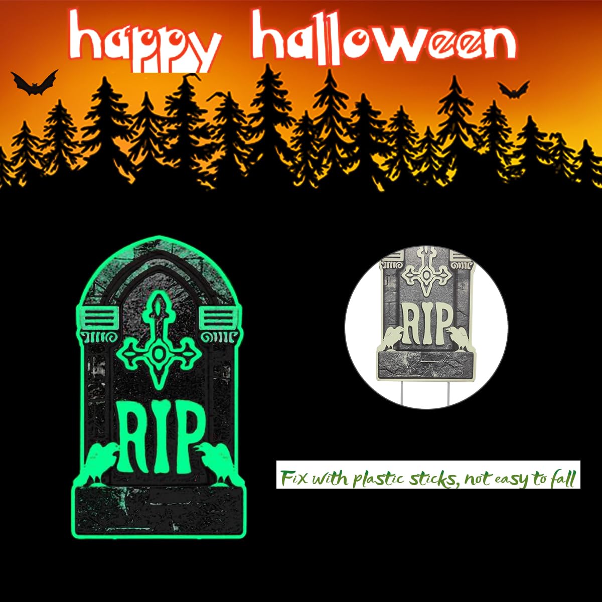 Fluorescent Halloween RIP Tombstones | 6 Tombstones Halloween Decor With 12 Fix Stakes, Scary Halloween Yard Outdoor Lawn Signs for Haunted House Garden Yard and Scary Theme Party