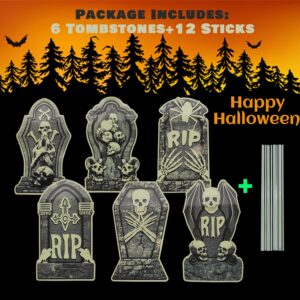 Fluorescent Halloween RIP Tombstones | 6 Tombstones Halloween Decor With 12 Fix Stakes, Scary Halloween Yard Outdoor Lawn Signs for Haunted House Garden Yard and Scary Theme Party