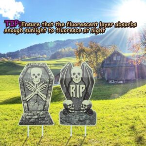 Fluorescent Halloween RIP Tombstones | 6 Tombstones Halloween Decor With 12 Fix Stakes, Scary Halloween Yard Outdoor Lawn Signs for Haunted House Garden Yard and Scary Theme Party