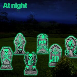 Fluorescent Halloween RIP Tombstones | 6 Tombstones Halloween Decor With 12 Fix Stakes, Scary Halloween Yard Outdoor Lawn Signs for Haunted House Garden Yard and Scary Theme Party