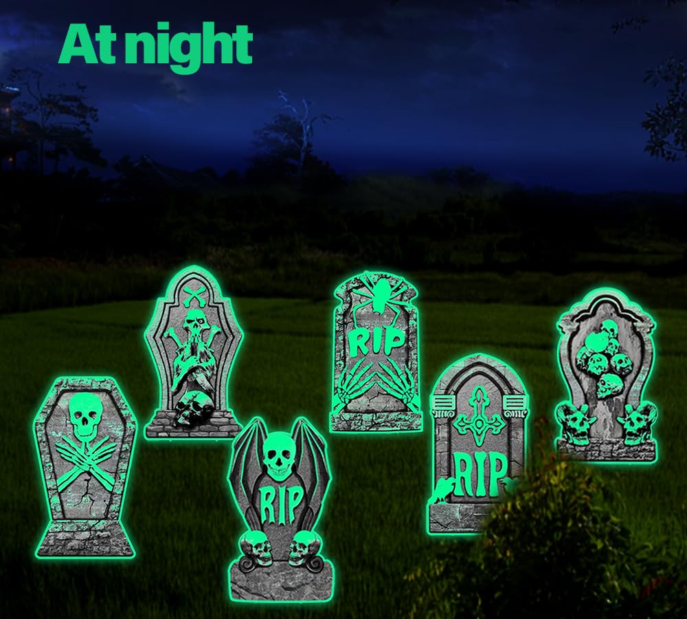 Fluorescent Halloween RIP Tombstones | 6 Tombstones Halloween Decor With 12 Fix Stakes, Scary Halloween Yard Outdoor Lawn Signs for Haunted House Garden Yard and Scary Theme Party