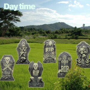 Fluorescent Halloween RIP Tombstones | 6 Tombstones Halloween Decor With 12 Fix Stakes, Scary Halloween Yard Outdoor Lawn Signs for Haunted House Garden Yard and Scary Theme Party