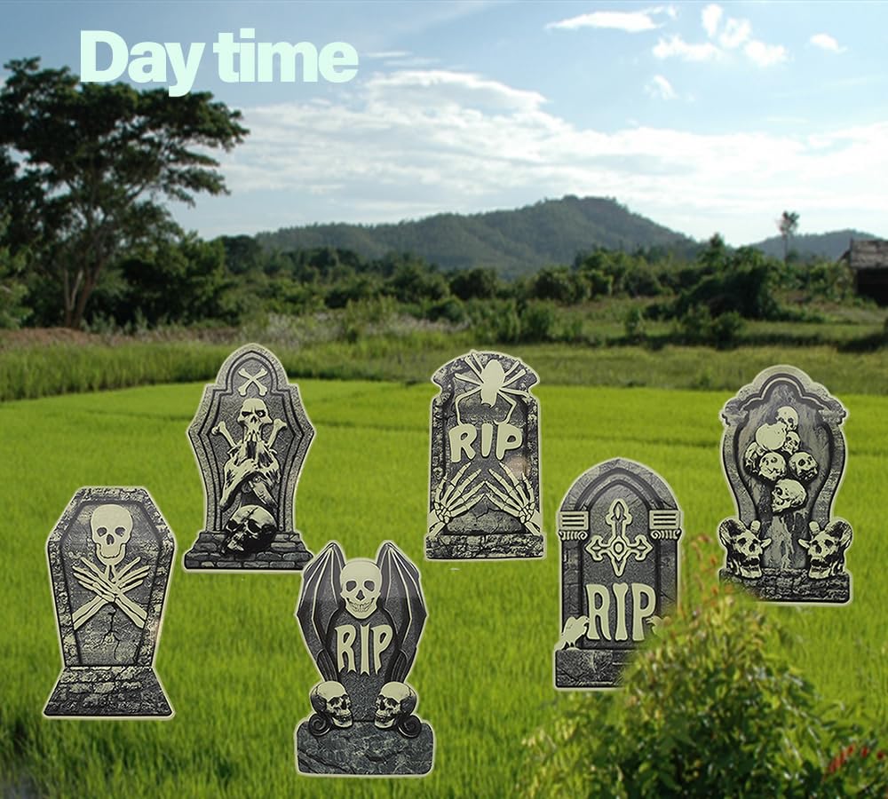 Fluorescent Halloween RIP Tombstones | 6 Tombstones Halloween Decor With 12 Fix Stakes, Scary Halloween Yard Outdoor Lawn Signs for Haunted House Garden Yard and Scary Theme Party