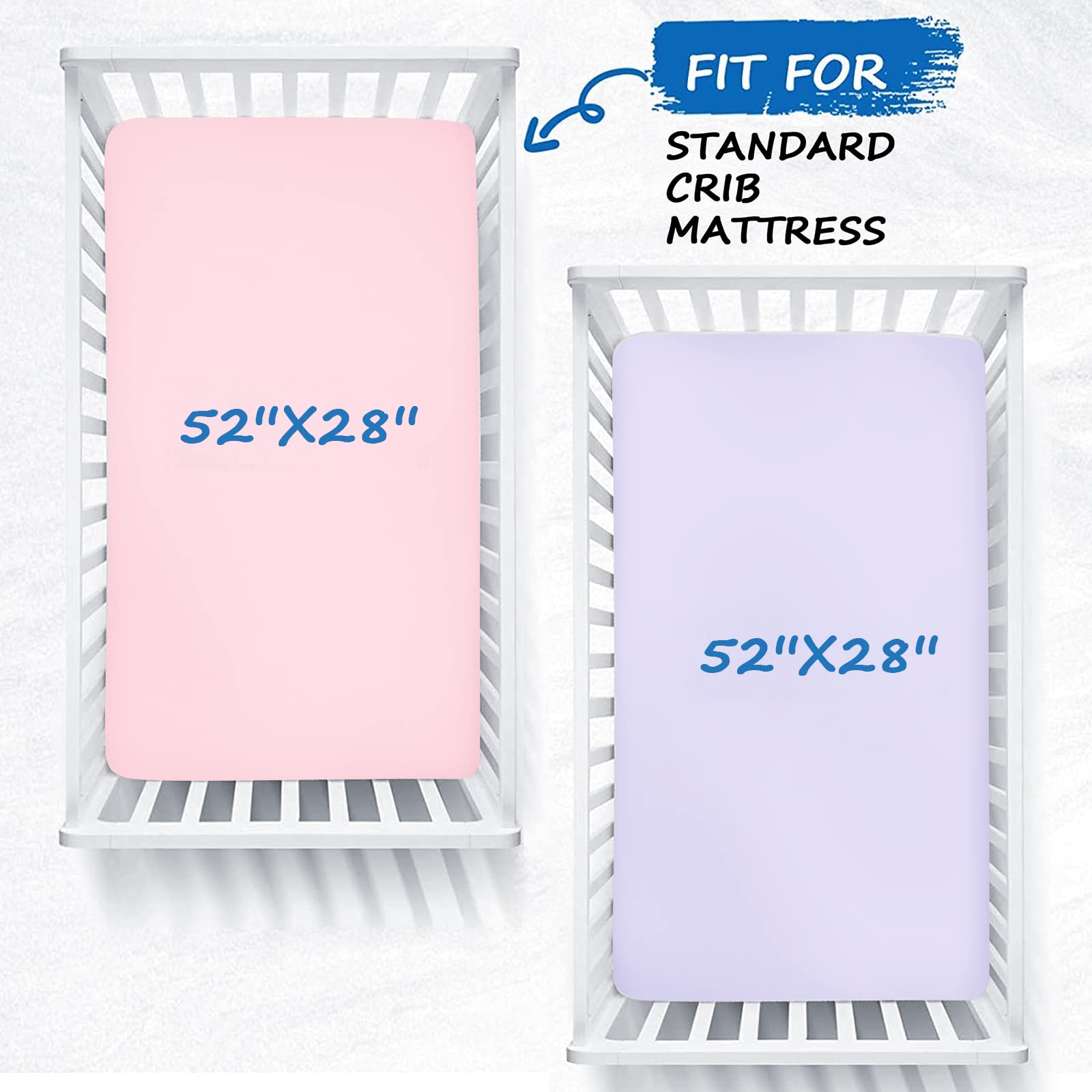 Crib Sheets Girl, Baby Crib Sheets for Standard Crib Mattress & Toddler Bed Mattress, Snug Fit Breathable Soft Fitted Crib Sheet (28''x 52''x 8''), Crib Sheets for Baby Girl 2 Pack Pink & Purple