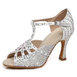 ykxlm rhinestones ballroom dance shoes women latin salsa dance shoes t-strap,l431-10,white,9.5 us