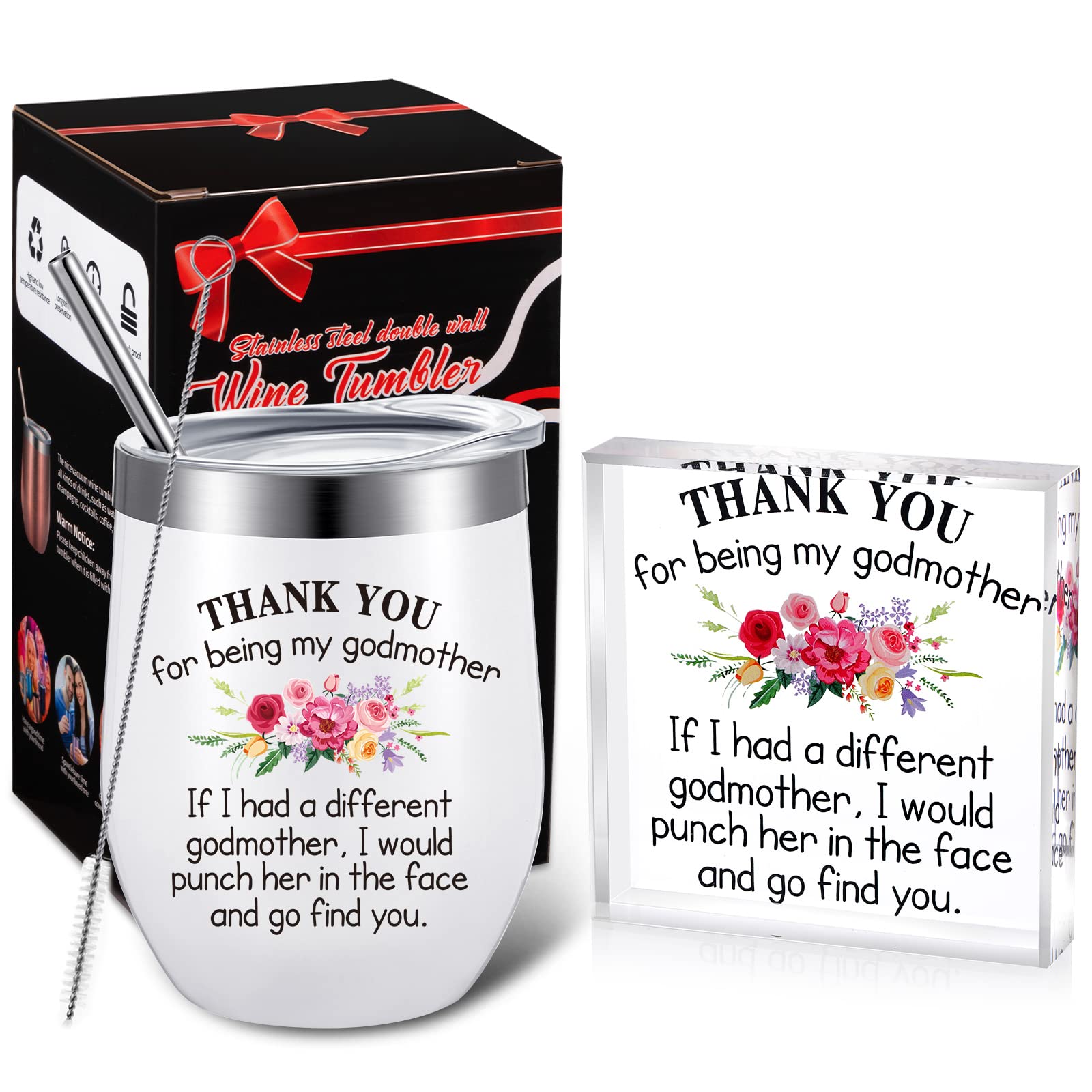 Funny Mother's Day Gift Set Thanks for Being My Godmother Wine Tumbler Godmother Gift Square Godmother Keepsake and Paperweight Inspirational Gift Idea for Godmother's Birthday Christmas