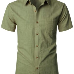 ZEROYAA Men's Fitted Cotton Linen Casual Short Sleeve Button Up Shirts Lightweight Beach Tops with Pocket ZLSC34-Avocado Green Medium