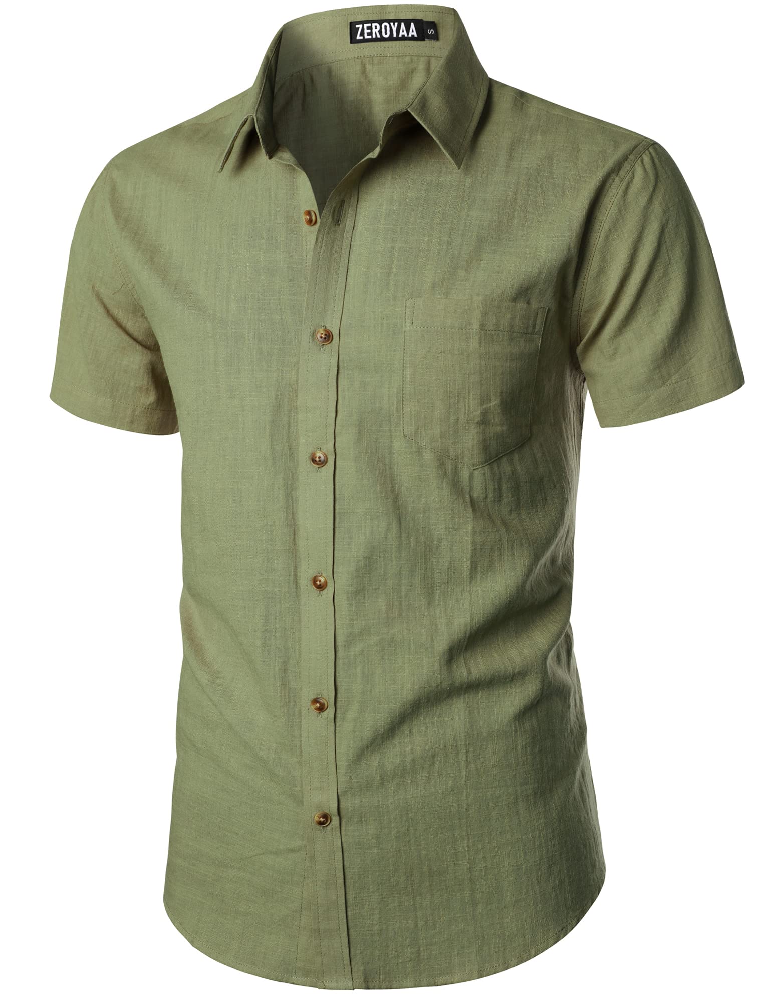 ZEROYAA Men's Fitted Cotton Linen Casual Short Sleeve Button Up Shirts Lightweight Beach Tops with Pocket ZLSC34-Avocado Green Medium