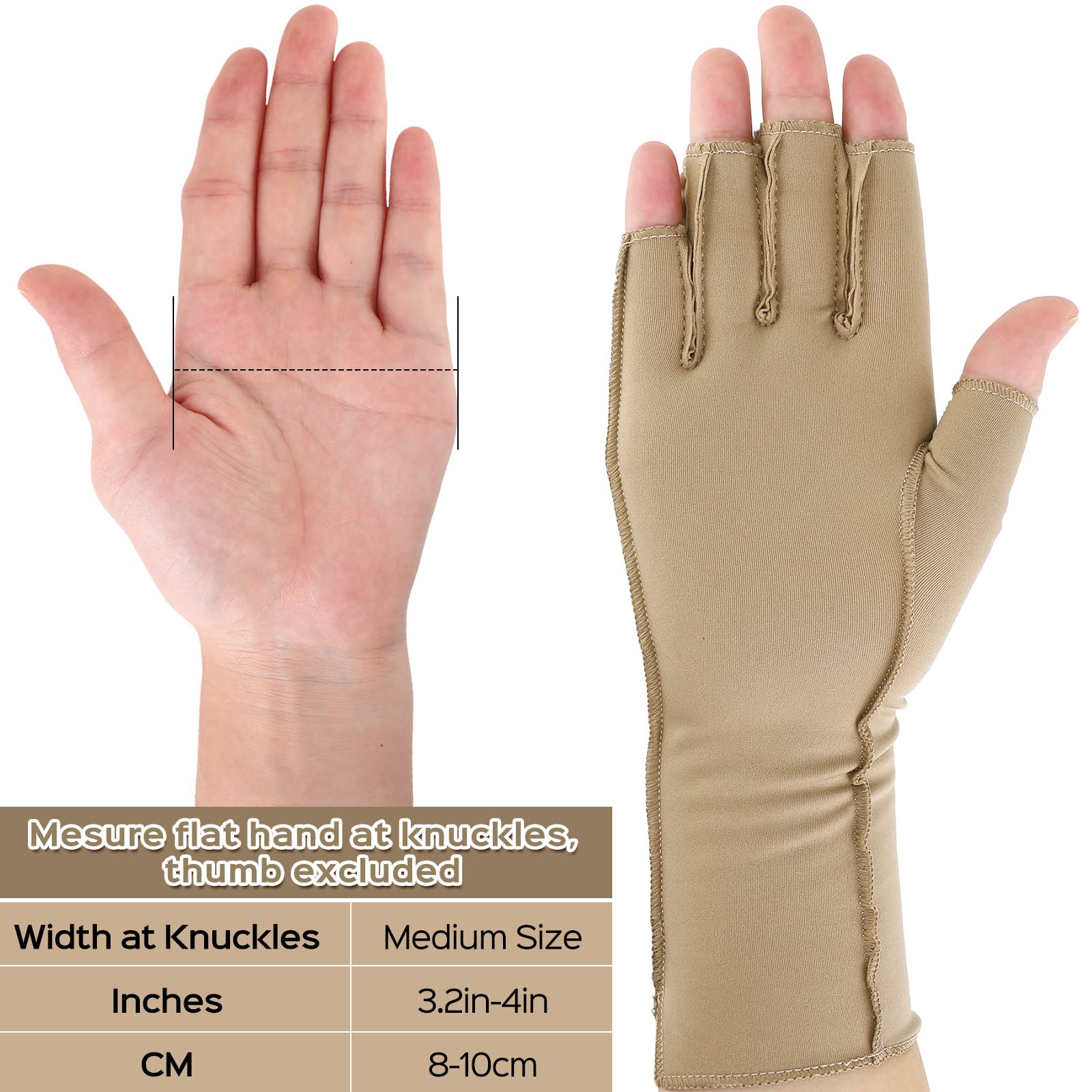 Janmercy 3 Pairs Arthritis Compression Gloves Outside Seams Fingerless Compression Gloves for Women Men Carpal Tunnel Swelling (Nude, Normal)