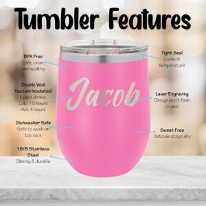 Personalized Monogram Stemless 12 oz Wine Glass, Birthday Gift for Her, Appreciation for Teacher, Thank You, Graduation Gift for Friend, Laser Engraved, Vacuum Insulated, Stainless Steel, Includes Lid