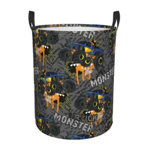 gbuzozie monster trucks car pattern round laundry hamper storage basket toys clothes organizer bin for home bathroom bedroom dorm nursery, 38l