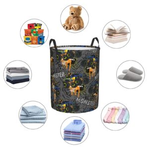 Gbuzozie Monster Trucks Car Pattern Round Laundry Hamper Storage Basket Toys Clothes Organizer Bin For Home Bathroom Bedroom Dorm Nursery, 38l