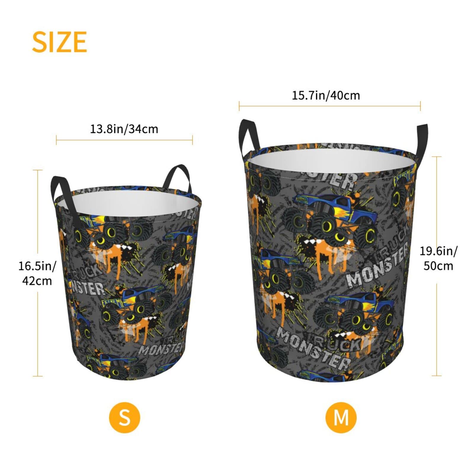 Gbuzozie Monster Trucks Car Pattern Round Laundry Hamper Storage Basket Toys Clothes Organizer Bin For Home Bathroom Bedroom Dorm Nursery, 38l