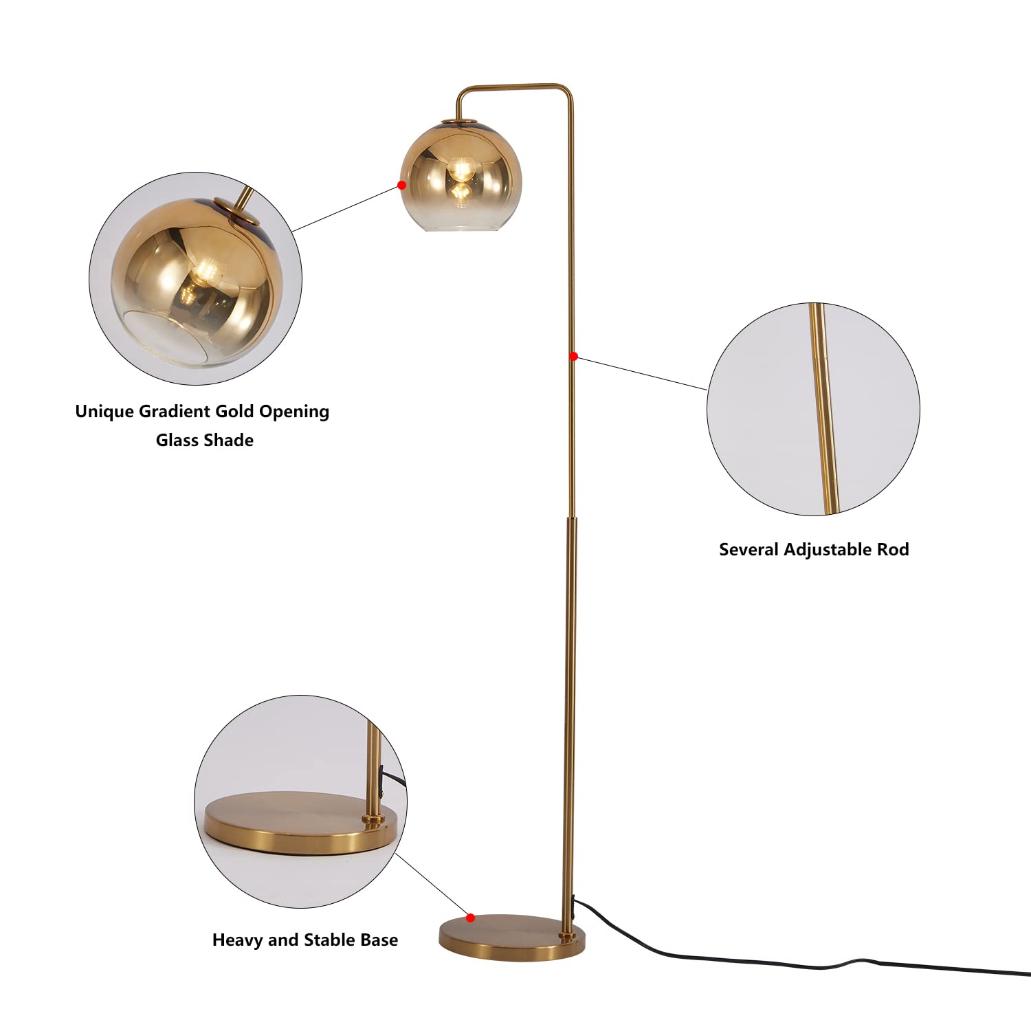 KCO Lighting Contemporary Gradient Gold Floor Lamp Glass Globe LED Standing Light Mid Century Tall Pole Standing Accent Lighting for Office Living Room Bedroom (9.8”-Large)