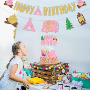 Camping Birthday Party Decorations Girl - Glitter Pink Happy Birthday Banner, Camping Theme Banner Garland, Pink Glitter Happy Birthday Cake Topper for Girl Camping Party Decorations