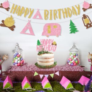 Camping Birthday Party Decorations Girl - Glitter Pink Happy Birthday Banner, Camping Theme Banner Garland, Pink Glitter Happy Birthday Cake Topper for Girl Camping Party Decorations