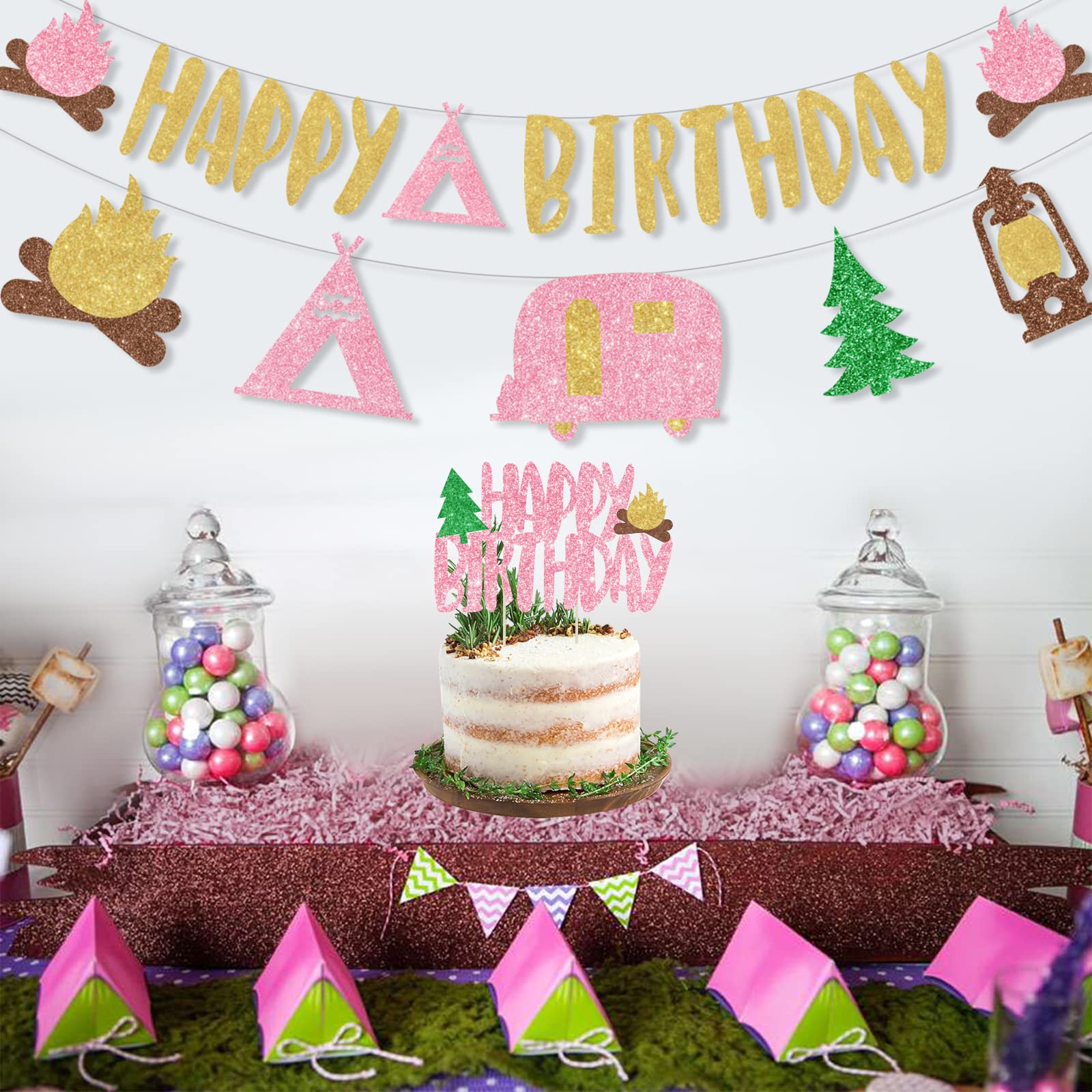 Camping Birthday Party Decorations Girl - Glitter Pink Happy Birthday Banner, Camping Theme Banner Garland, Pink Glitter Happy Birthday Cake Topper for Girl Camping Party Decorations