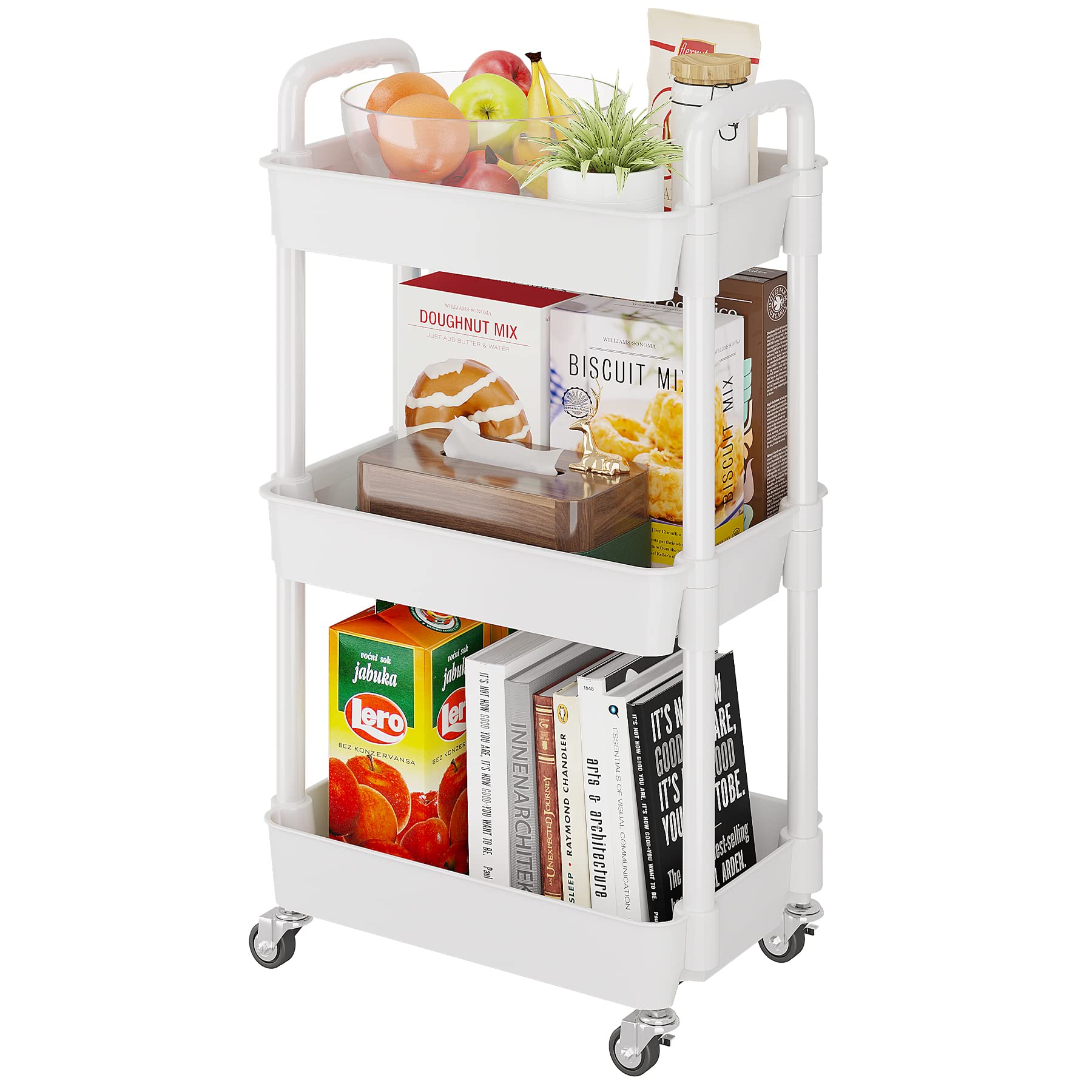 Buzowruil 3-Tier Utility Rolling Plastic Storage Cart Trolley with Lockable Wheels,Multifunctional Storage Shelves for Kitchen Living Room Office,White