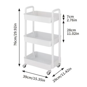 Buzowruil 3-Tier Utility Rolling Plastic Storage Cart Trolley with Lockable Wheels,Multifunctional Storage Shelves for Kitchen Living Room Office,White