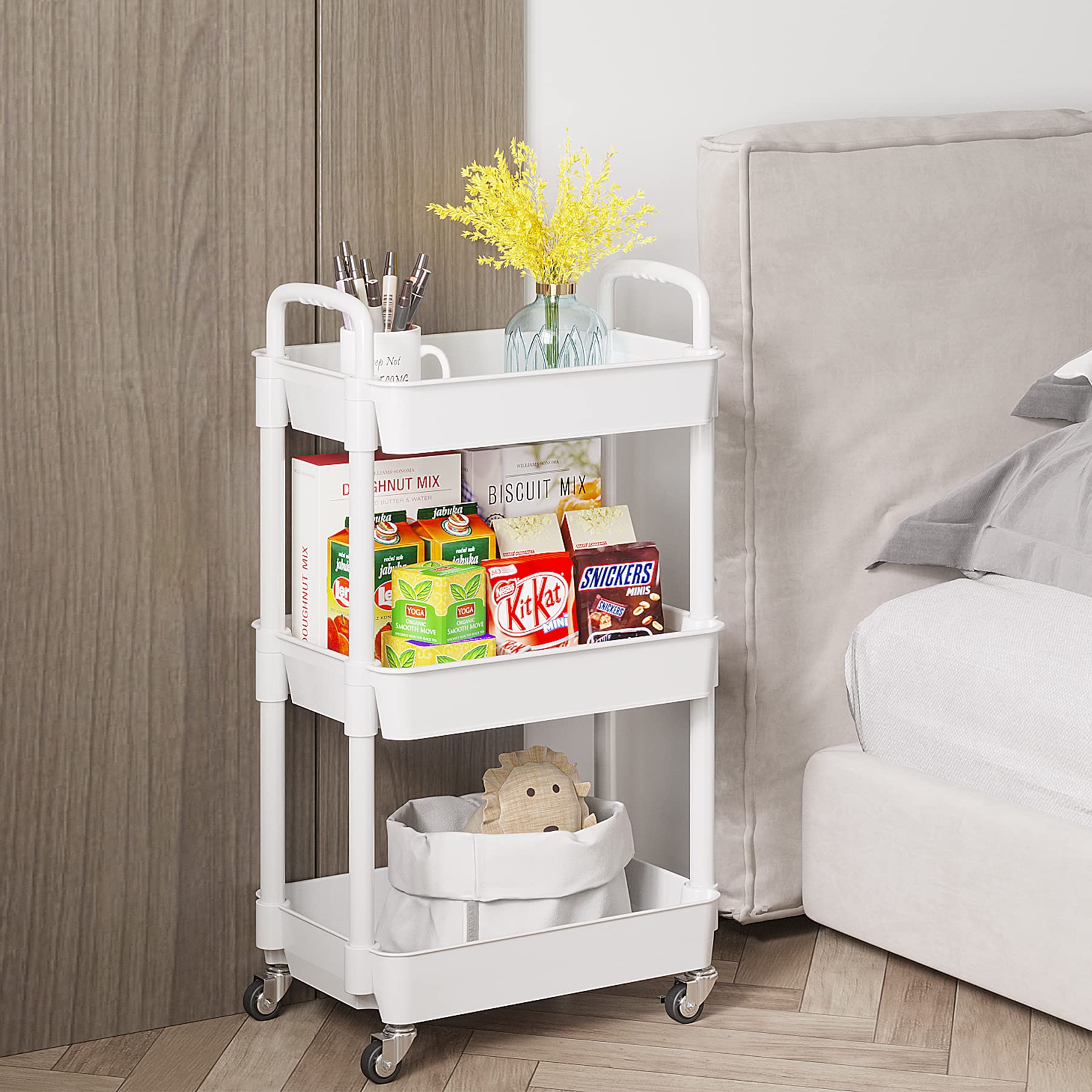 Buzowruil 3-Tier Utility Rolling Plastic Storage Cart Trolley with Lockable Wheels,Multifunctional Storage Shelves for Kitchen Living Room Office,White